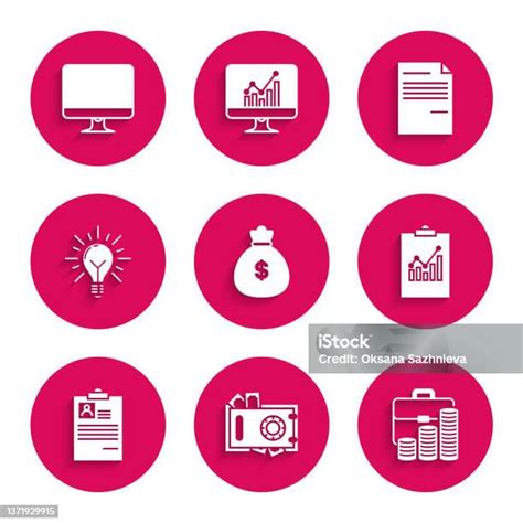 설정 돈 가방 안전 과 돈 서류 가방 동전 그래프 차트와 클립 보드 이력서 빛의 전구 광선 아이디어의 개념을 빛나는 문서 및 컴퓨터 모니터 화면 아이콘 벡터 가방에 대한