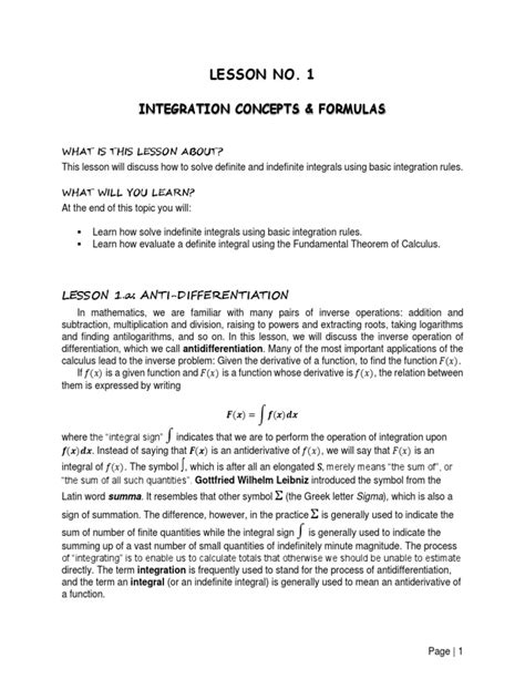 Lesson 1 A 1 C Integration Concepts And Formulas Pdf Integral