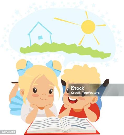 귀여운 작은 소년과 소녀 흰색 배경에 상상력 개념 벡터 일러스트 레이 션 아이 요정 꼬리 판타지 책을 읽고 개념에 대한 스톡