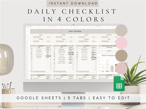 Daily Weekly Checklist Spreadsheet Template To Do List Template Digital Task List Task