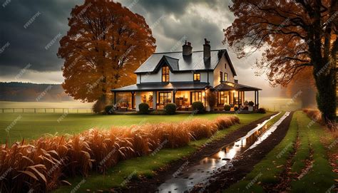 Autumn Countryside Farm House And Rainy Field Premium Ai Generated Image