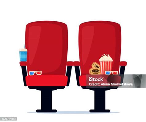 탄산음료 팝콘 3d 안경이 있는 빨간 영화관 안락의자 영화 포스터 영화관 배너 디자인 벡터 그림입니다 3차원 형태에 대한 스톡
