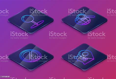 아이소메트릭 라인 푸시 핀 정지 표지판 지구본이 있는 돋보기 및 집이 있는 지도 포인터를 설정합니다 파란색 사각형 버튼 벡터 3차원 형태에 대한 스톡 벡터 아트 및 기타