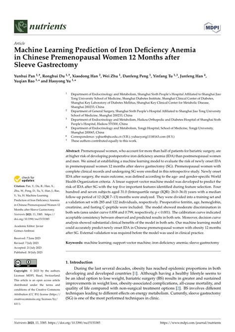 Pdf Machine Learning Prediction Of Iron Deficiency Anemia In Chinese