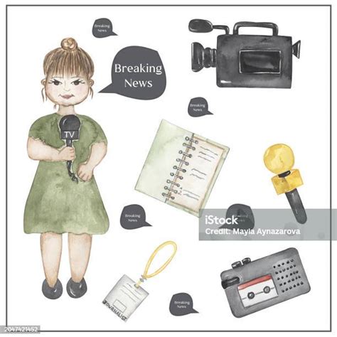 수채화 저널리스트 클립 아트 손으로 그린 그림 저널리스트 일 아이 학교 카드 클립 아트 교육 직업과 귀여운 어린이 그래픽 뉴스 캐스터에 대한 스톡 벡터 아트 및 기타 이미지