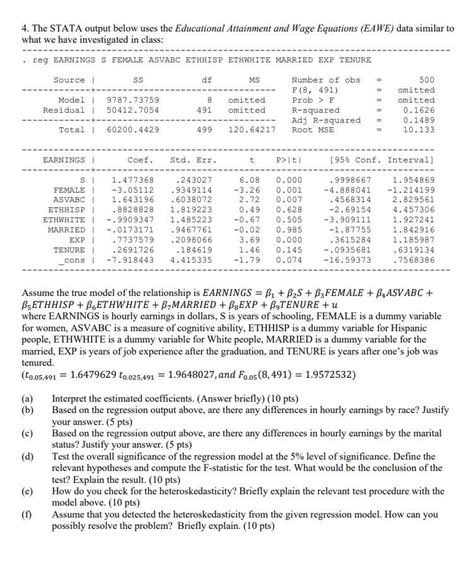 Solved 4 The Stata Output Below Uses The Educational