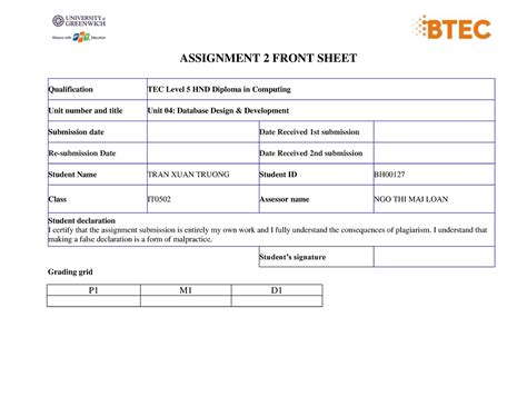 assignment 2 database tran xuan truong bh00127 assignment 2 front sheet qualification tec
