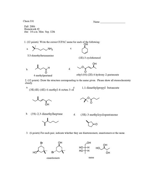 Homework 2 For Organic Chemistry Chem 331 Docsity