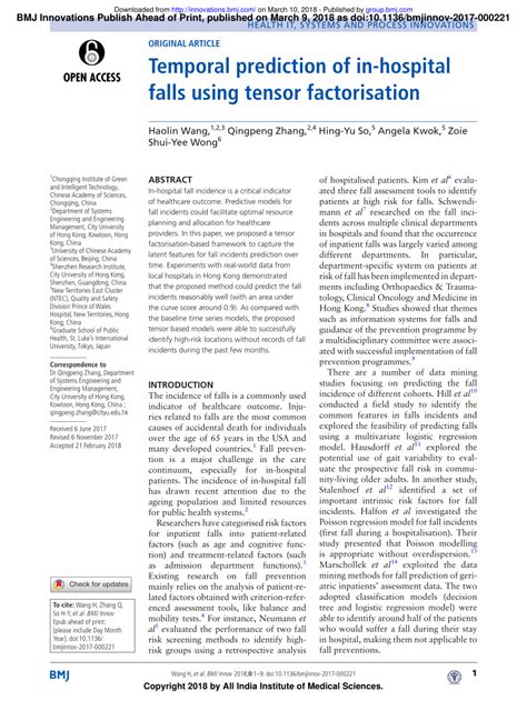 Pdf Temporal Prediction Of In Hospital Falls Using Tensor Factorisation