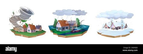 tornado flood and heavy snowfall in town 2d cartoon objects set