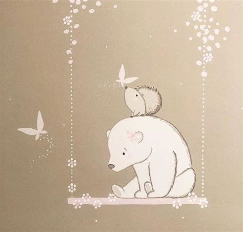 Cute Drawing Of A Bear And A Bird On A Swing