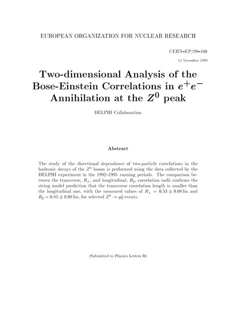 Pdf Two Dimensional Analysis Of The Bose Einstein Correlations In E E− Annihilation At The Z0 Peak
