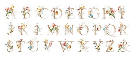 전체 골드 그린 플로럴 알파벳 세트 컬렉션과 복숭아 핑크 화이트 골드 블루 옐로우 오렌지 부르고뉴 식물 꽃 가지 꽃다발 구성 꽃 식물에 대한 스톡 벡터 아트 및 기타 이미지