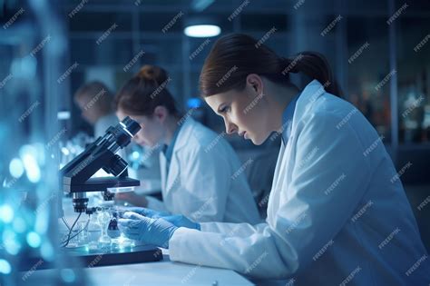 Premium Photo Biomedical Researchers Working With Microscopes Generative Ai