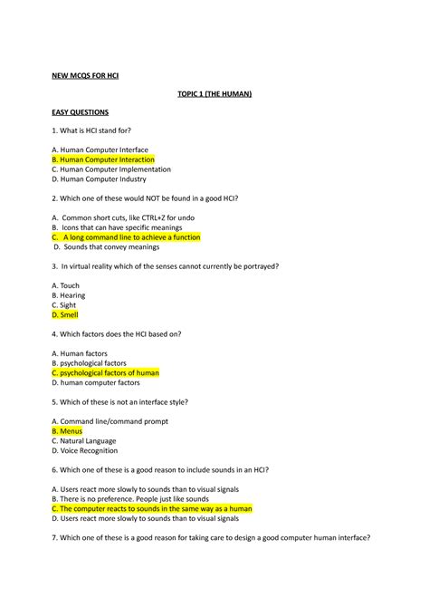 HCI MCQs Revision Test 1 NEW MCQS FOR HCI TOPIC 1 THE HUMAN EASY QUESTIONS What Is HCI Stand