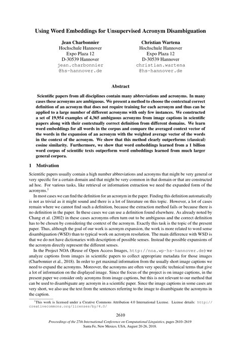 Pdf Using Word Embeddings For Unsupervised Acronym Disambiguation