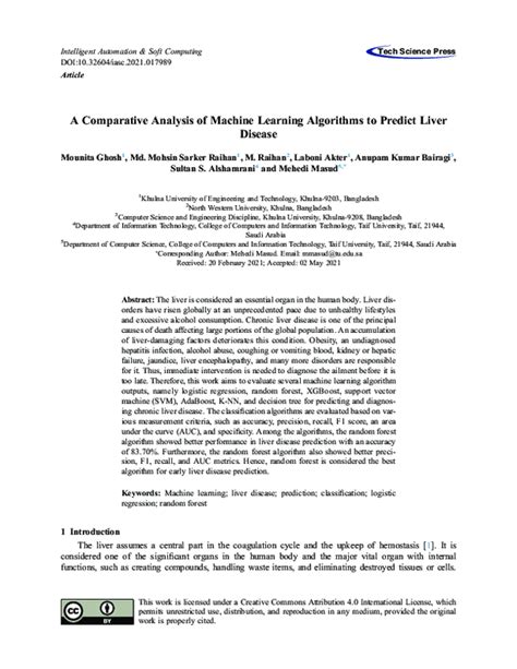 Pdf A Comparative Analysis Of Machine Learning Algorithms To Predict Liver Disease Mohsin