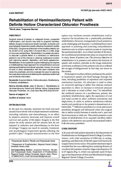 Rehabilitation Of A Hemi Maxillectomy Patient With A Cast Partial Obturator Prosthesis A