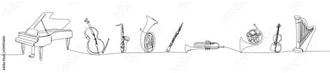 Instruments Of The Orchestra Set One Line Art Continuous Line Drawing Of Grand Piano Tuba