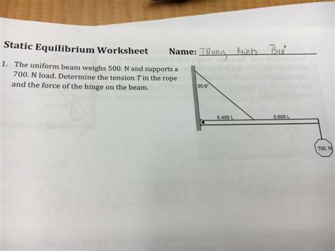 Solved The Uniform Beam Weighs 500 N And Supports A 700 N