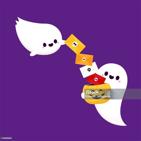 귀여운 유령과 함께 해피 할로윈 파티 인사말 카드 과자 안 주면 장난칠 거예요 할로윈 봉투 벡터입니다 할로윈 날에 종이 봉투입니다 10월에 대한 스톡 벡터 아트 및 기타