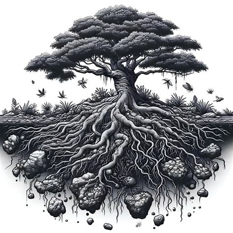 Illustration Of A Large Tree With Its Roots Exposed Stock Illustration