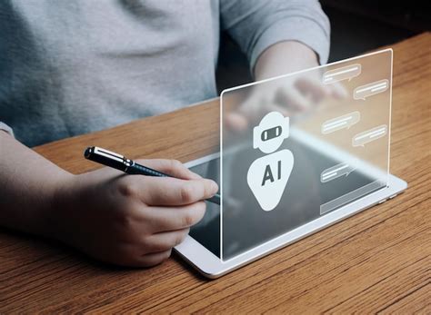 Premium Photo Woman Use Tablet With Hologram AI Chatbot Interface