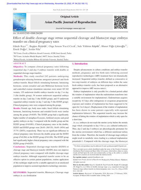 Pdf Effect Of Double Cleavage Stage Versus Sequential Cleavage And Blastocyst Stage Embryo
