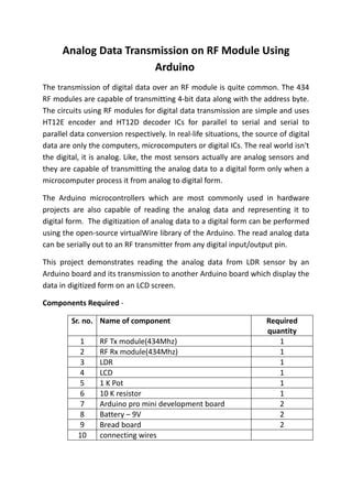 Analog Data Transmission On Rf Module Using Arduino PDF