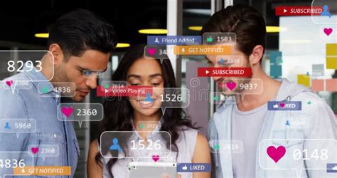 Animation Of Social Media Icons Over Diverse Colleagues Discussing Over Digital Tablet At Office
