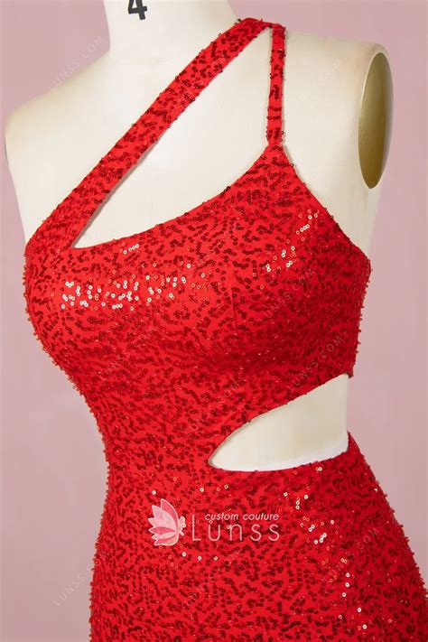 Asymmetrical Straps One Shoulder Red Sequin Cut Out Dress Lunss