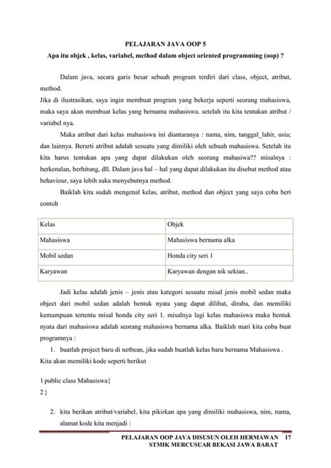 Pelajaran Oop Java Ii Pengertian Method Dan Cara Pembuatan Method By Hermawan Pdf