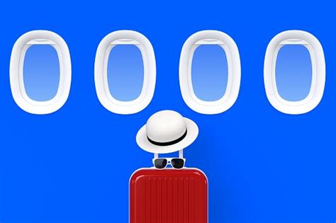 파란색 배경에 선글라스 모자 비행기 창문이 있는 현대적인 빨간 가방 가방을 닫으세요 여행 개념 휴가 여행 공간을 복사합니다 최소한의 스타일 3d 렌더링 일러스트레이션 3차원