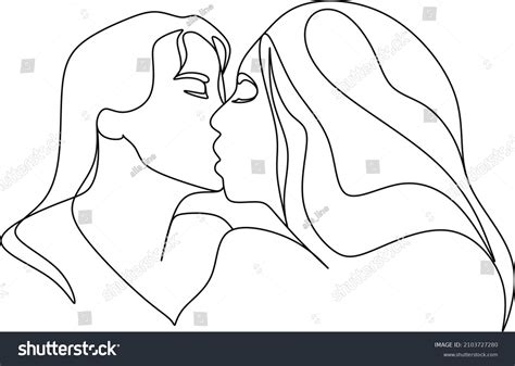 Continuous Drawing Two Lesbians Kissing Each เวกเตอร์สต็อก ปลอดค่า