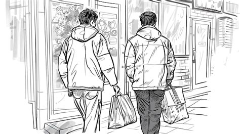 A Cartoon Drawing Of Two Men Walking Down A Sidewalk With Bags Premium AI Generated Image