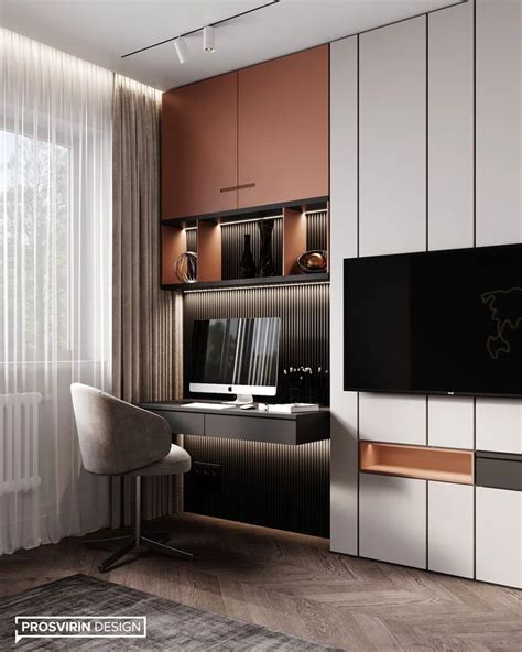 Интерьер в пастельной цветовой гамме с яркими акцентами в сочетании с деревом Home Office