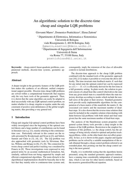 Pdf An Algorithmic Solution To The Discrete Time Cheap And Singular Lqr Problems