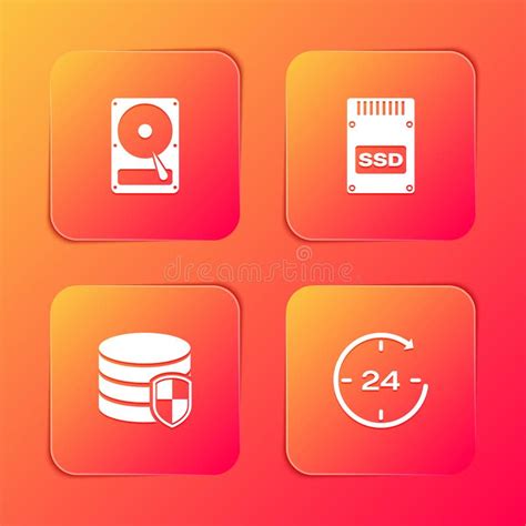 Set Hard Disk Drive HDD SSD Card Database Protection And Clock Hours Icon Vector Stock