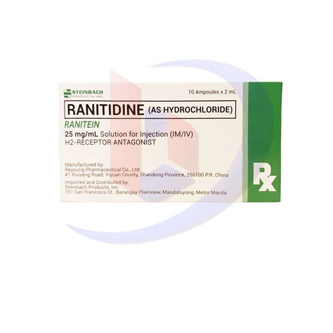 Ranitidine As Hydrochloride Ranitein 25mg Ml Solution For Injection