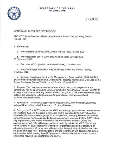 Army Directive On Use Of The Army Physical Fitness Test Apft Pdf