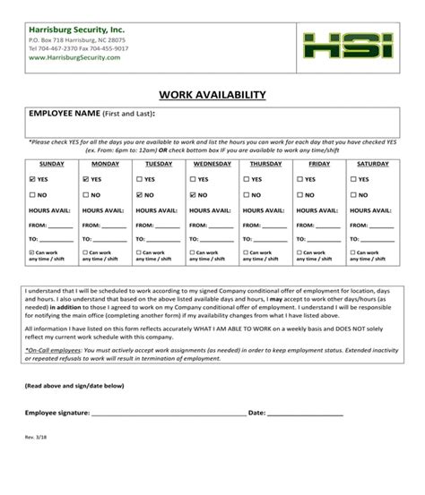 Free 7 Work Availability Forms In Pdf Ms Word Excel