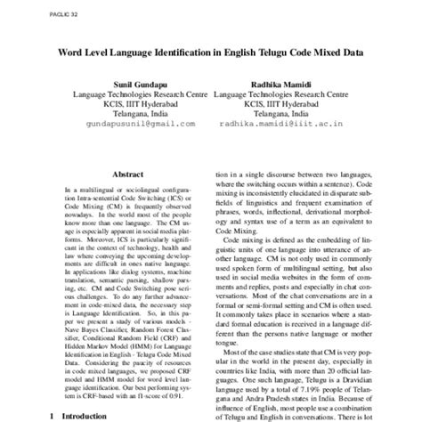 Word Level Language Identification In English Telugu Code Mixed Data