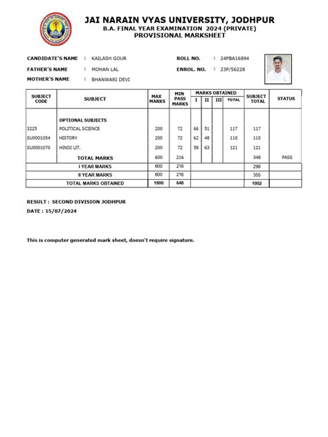 Final Year Marksheet Pdf