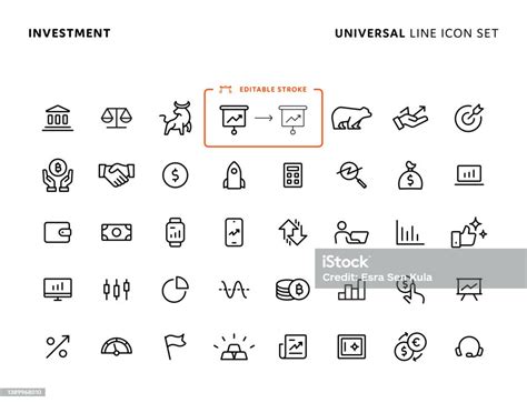 편집 가능한 스트로크로 설정된 투자 유니버설 라인 아이콘 세트 아이콘은 웹 페이지 모바일 앱 Ui Ux 및 Gui 디자인에