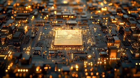 Golden Microchip On A Detailed Circuit Board Glowing With Warm Lights