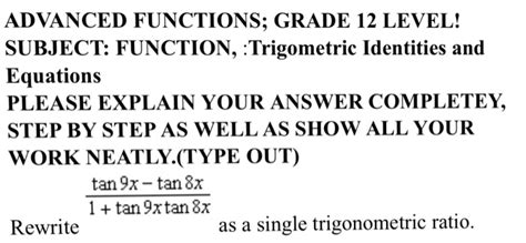 Solved ADVANCED FUNCTIONS GRADE 12 LEVEL SUBJECT Chegg Com