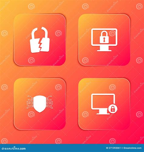 Set Broken Or Cracked Lock Lock On Monitor Cyber Security And Icon Vector Stock Illustration