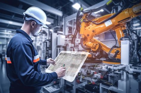 Premium Ai Image Technician Manager Industrial Working With Robot Ai