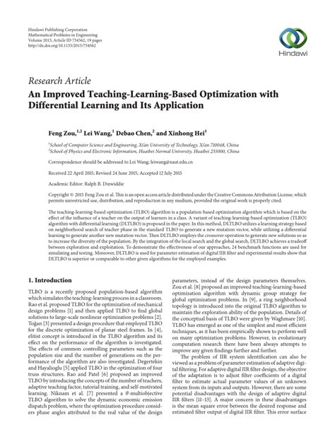 Pdf An Improved Teaching Learning Based Optimization With