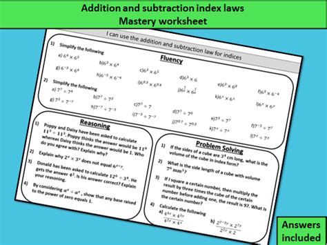 Addition And Subtraction Index Laws Mastery Worksheet Teaching
